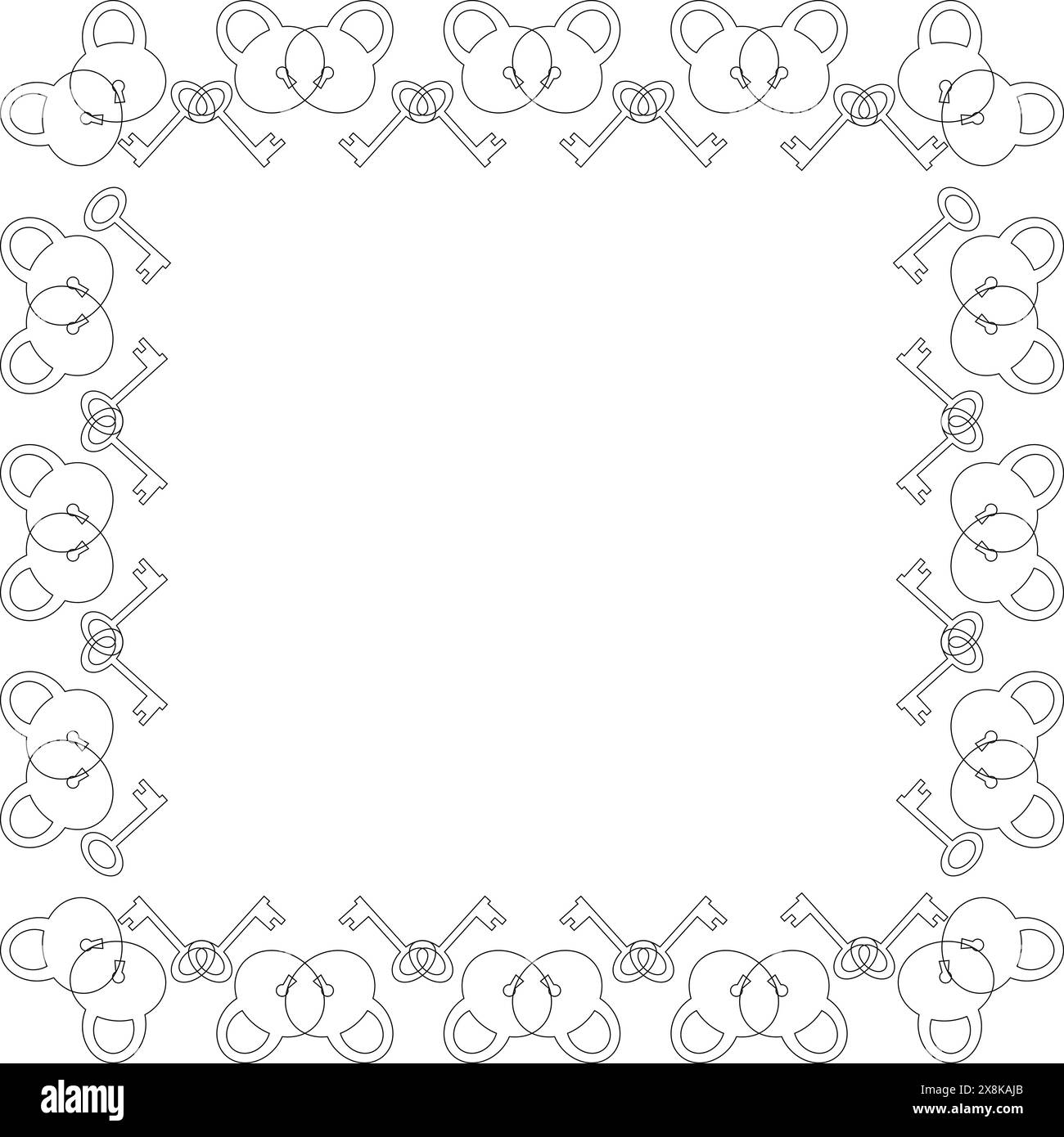 Black and white square frame of keys and locks on a white background ...