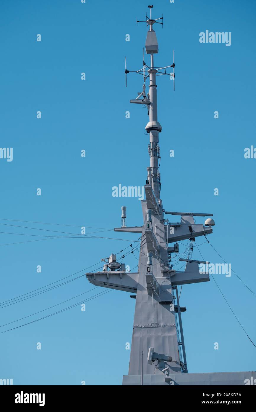 Helsinki / Finland - APRIL 5, 2024: Closeup of a mast and antennas on a ...