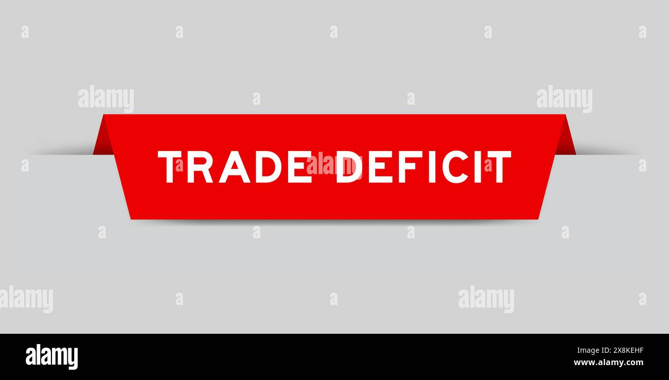 Red color inserted label with word trade deficit on gray background ...