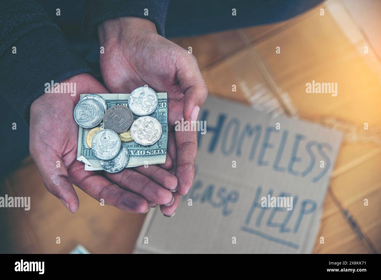 Homeless people poverty beggar man asking for money job and hoping help in helpless dirty city ...