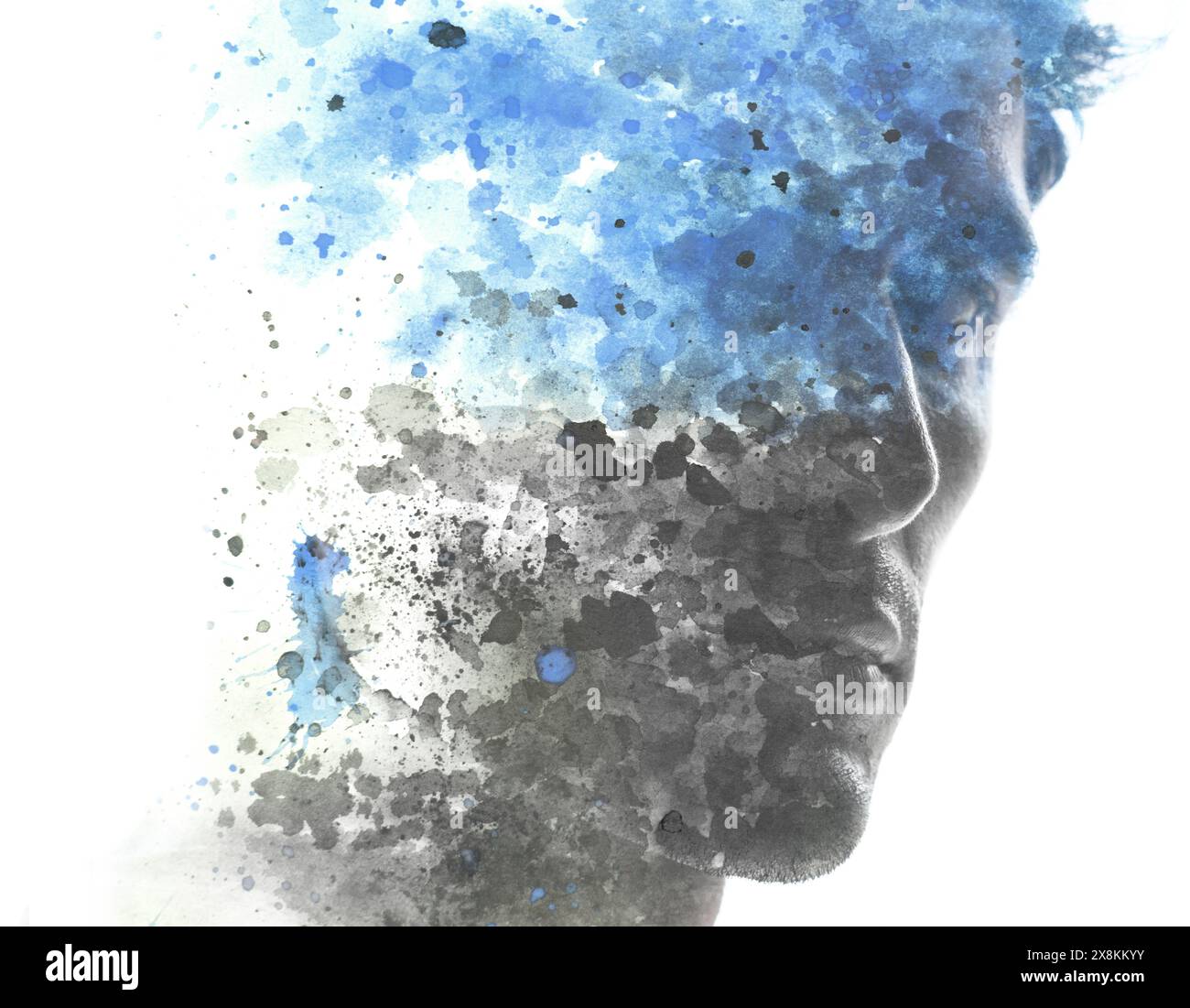 A half profile paintography portrait of a man merged with paint daubs ...