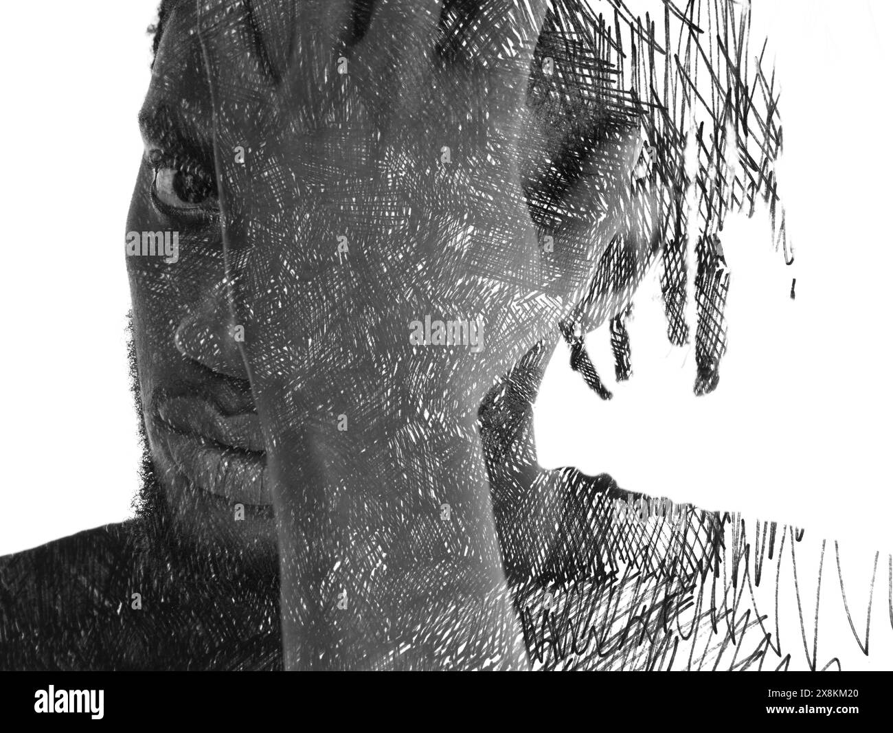 An abstract black and white graphical paintography portrait closeup of ...