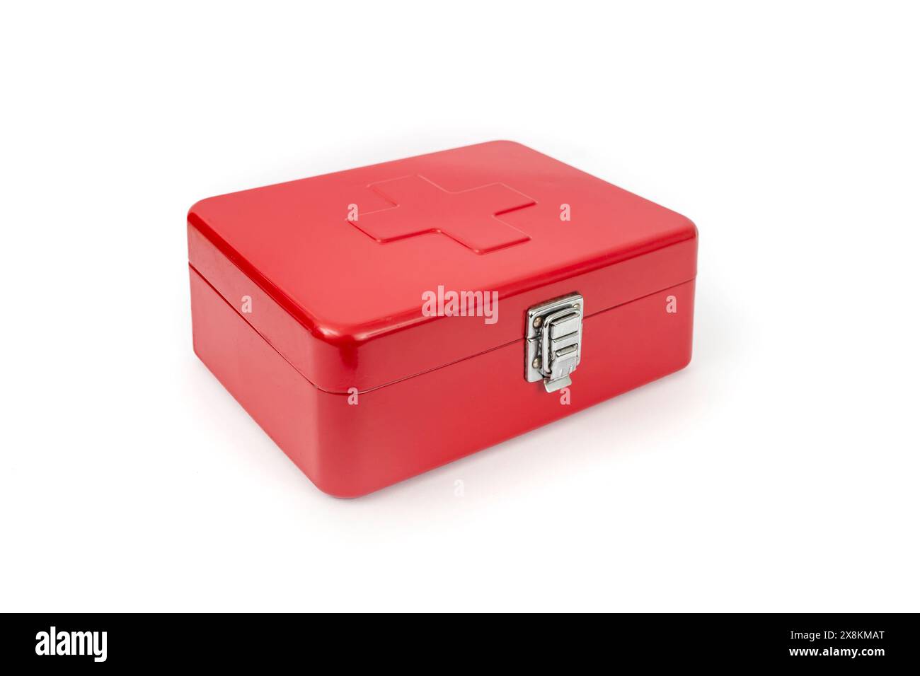 Red first aid kit box, closed and isolated on white background, empty ...