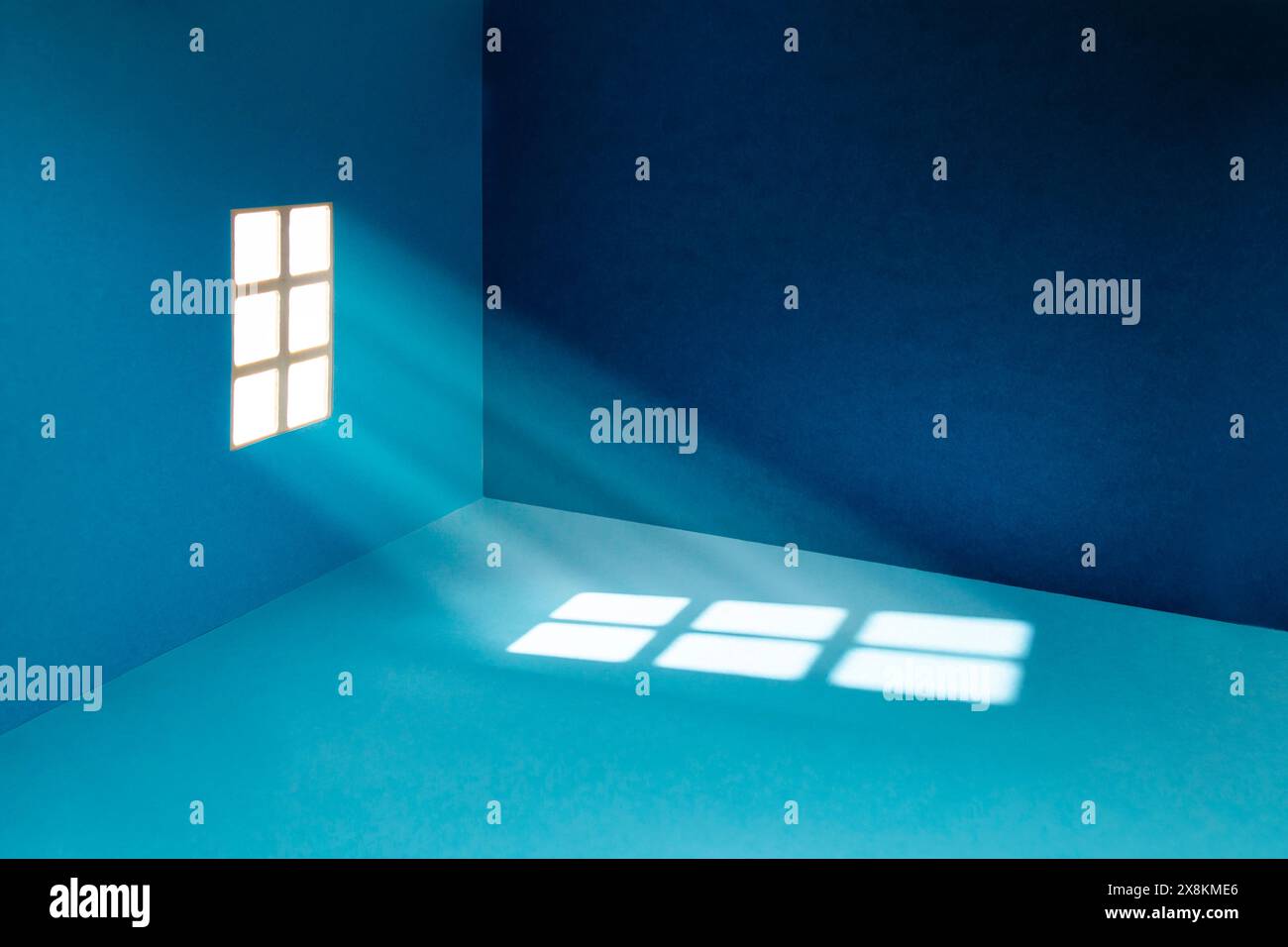 Blue room made from cardboard, with a rectangular window, and sun rays ...