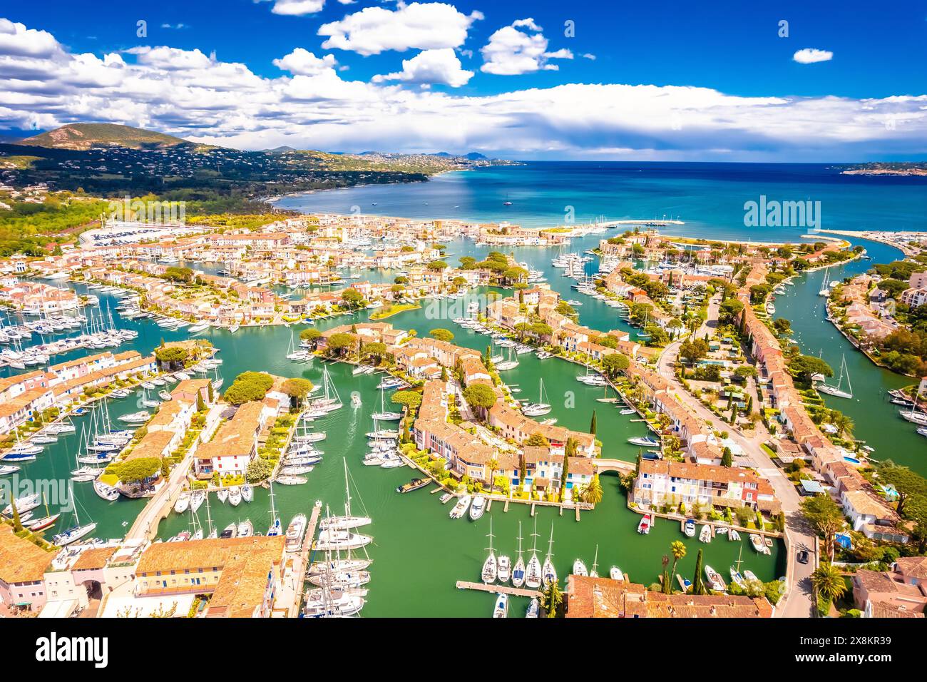 Scenic Port Grimaud yachting village marina aerial view, archipelago of ...