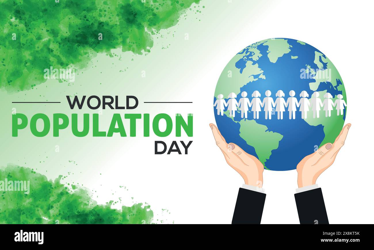World Population Day watercolor template. Two hands holding earth ...