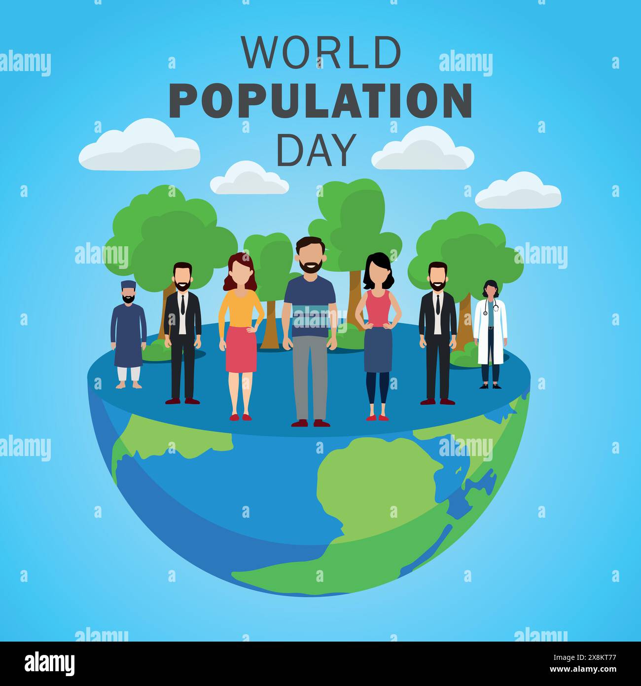 World Population Day flat vector illustration with world map, earth and ...