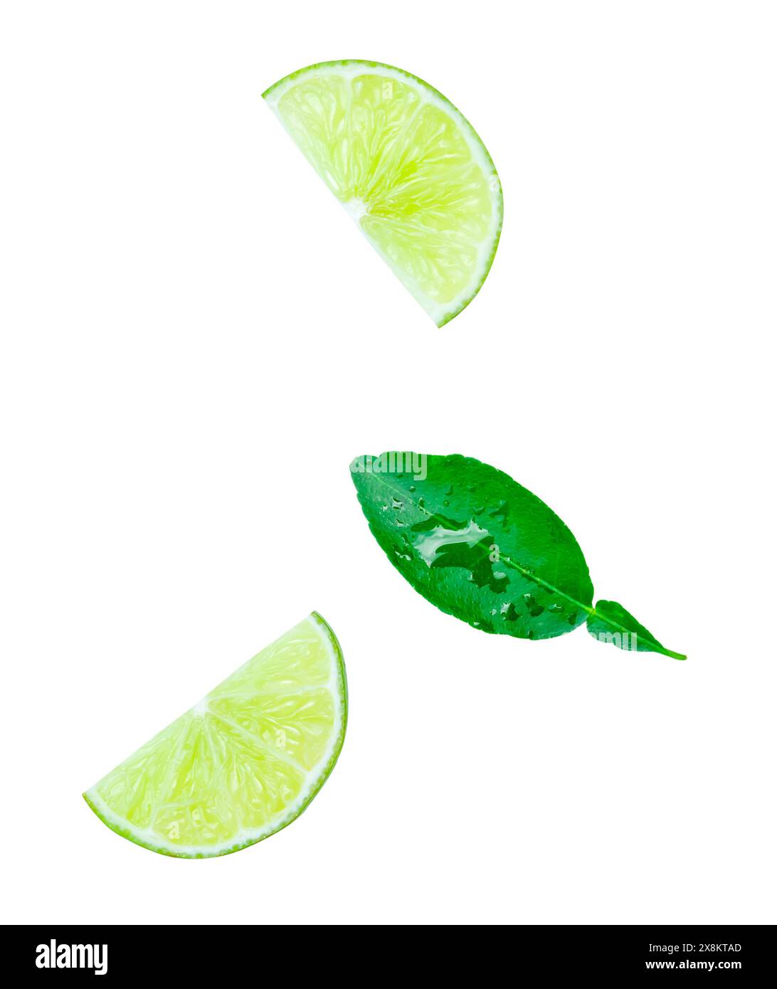 Top view set of green lemon slices or quarters with green leaf is isolated on white background ...