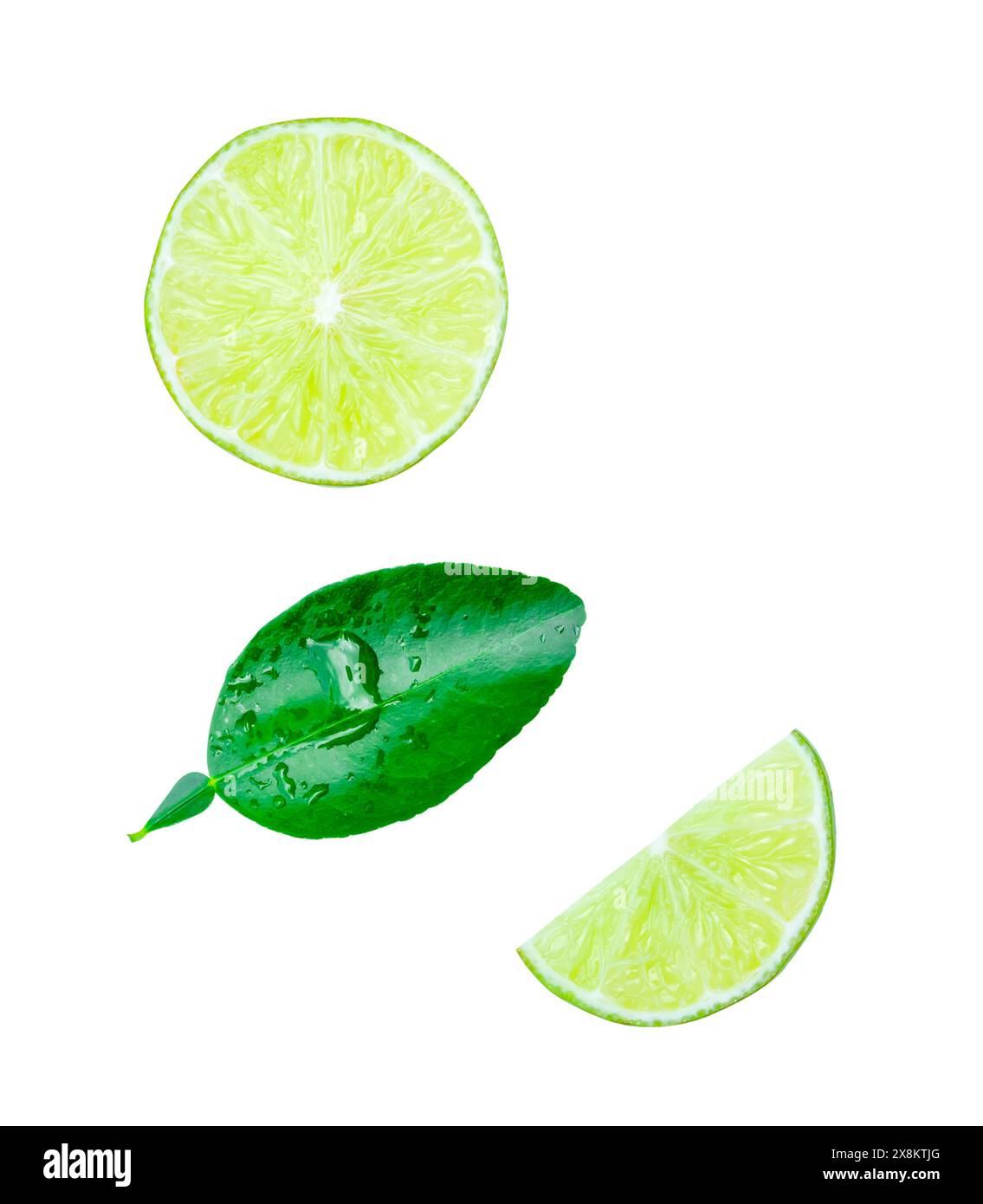 Top view set of green lemon slices or half with green leaf is isolated on white background with ...