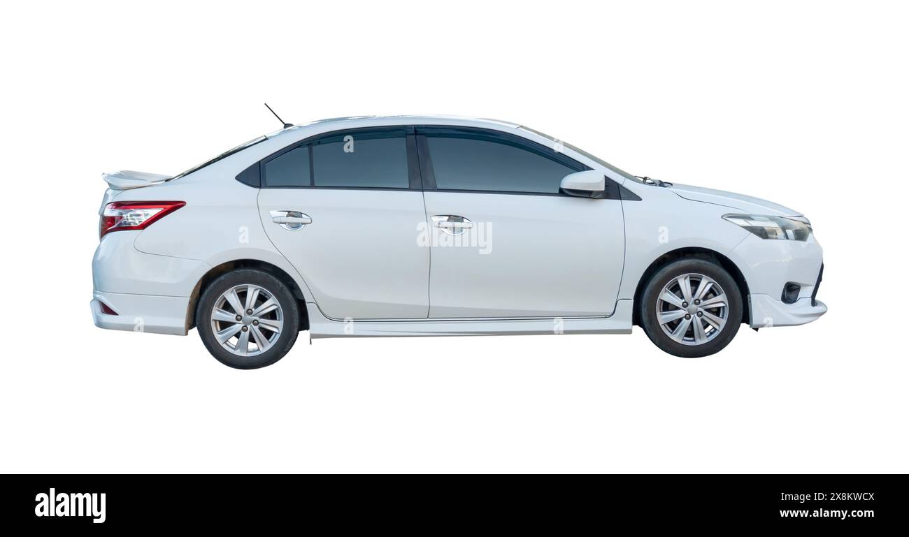 Side view of white sedan car is isolated on white background with ...