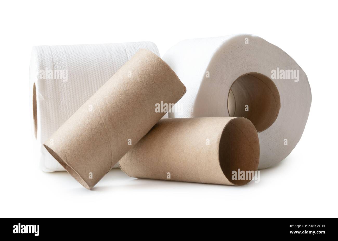 Front view of tissue paper rolls with brown tissue paper cores in stack ...