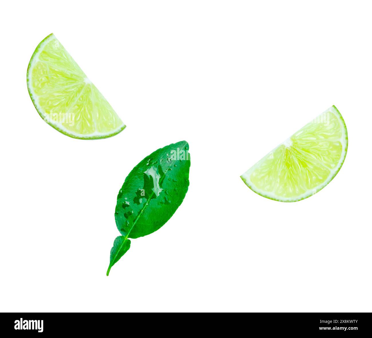 Top view set of green lemon slices or quarter with green leaf is isolated on white background ...