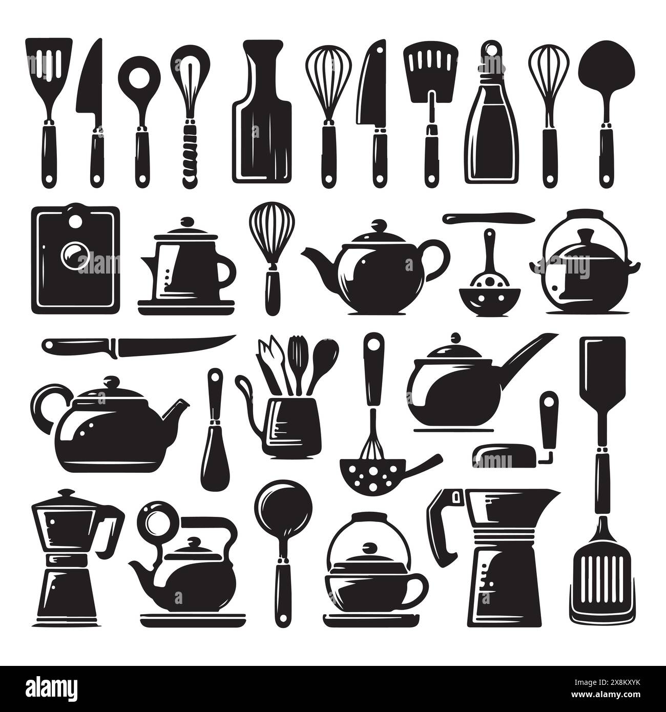 Silhouette set of kitchen tools. Vector isolated illustration Stock ...