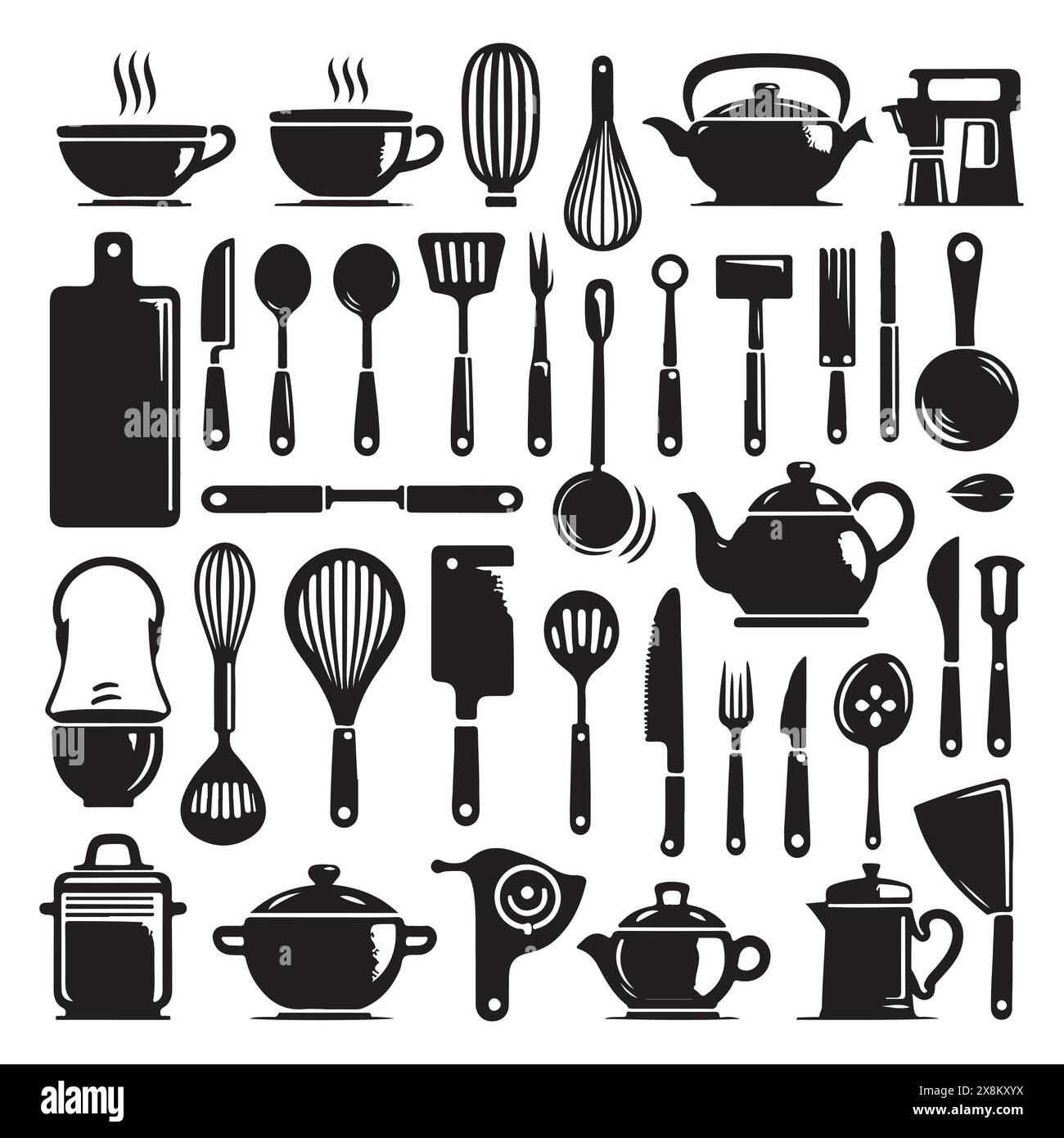 Silhouette set of kitchen tools. Vector isolated illustration Stock ...