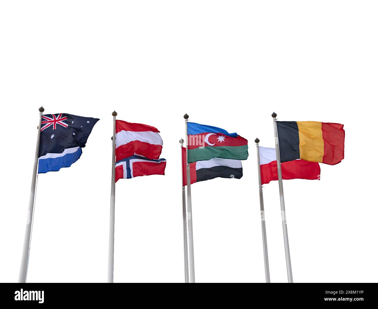 Flags of foreign countries on flagpoles isolated on a white background ...