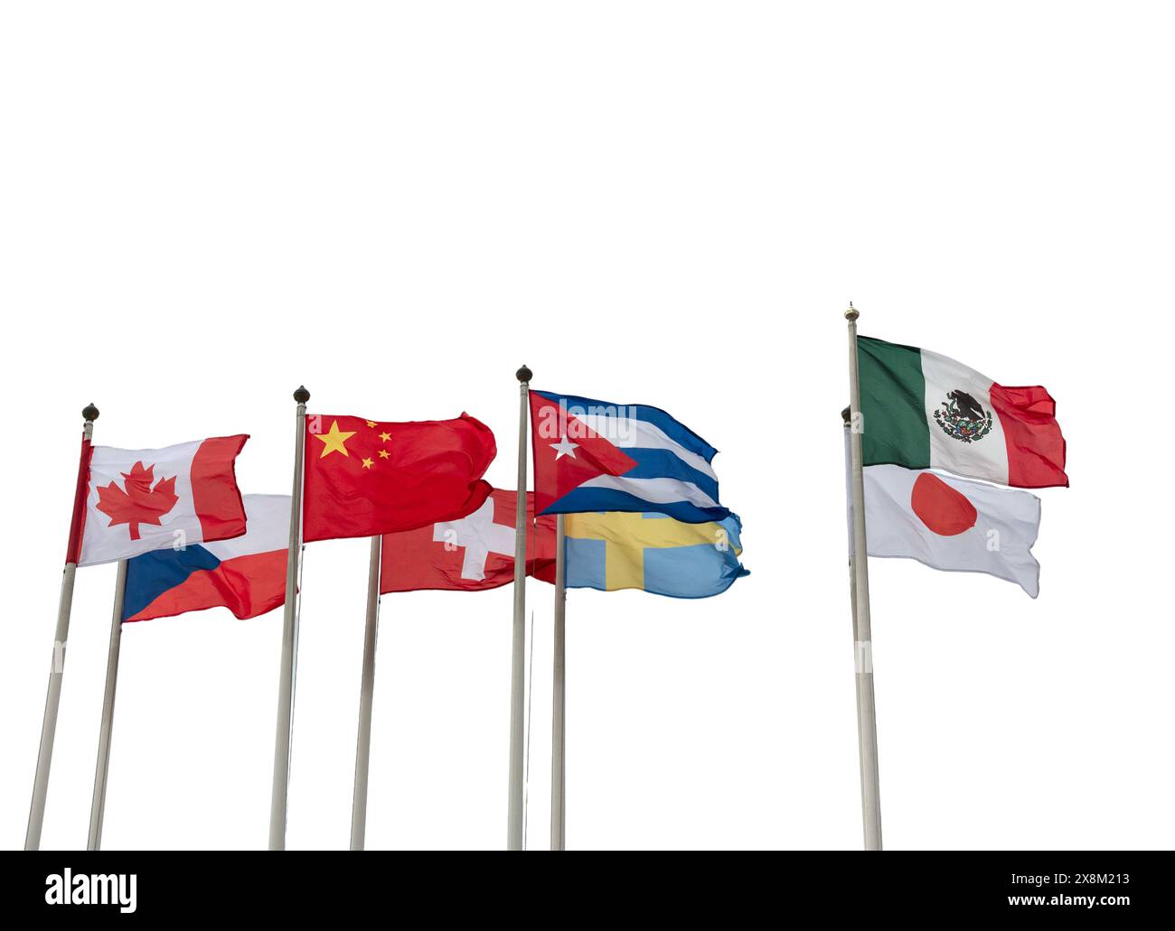 Flags of foreign countries on flagpoles isolated on a white background ...