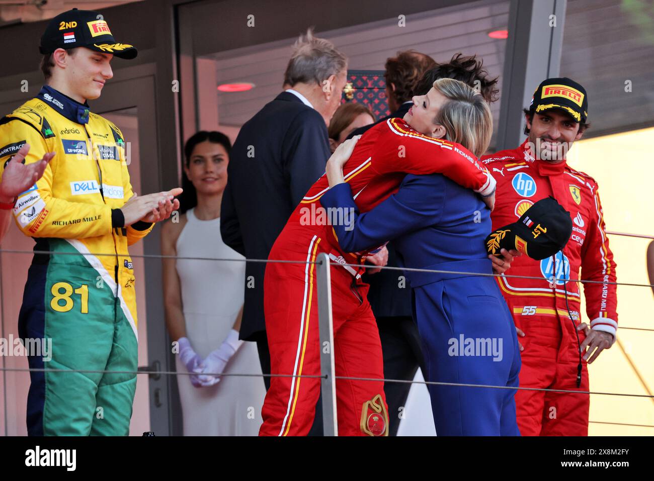 Race winner Charles Leclerc (MON) Ferrari celebrates on the podium with ...