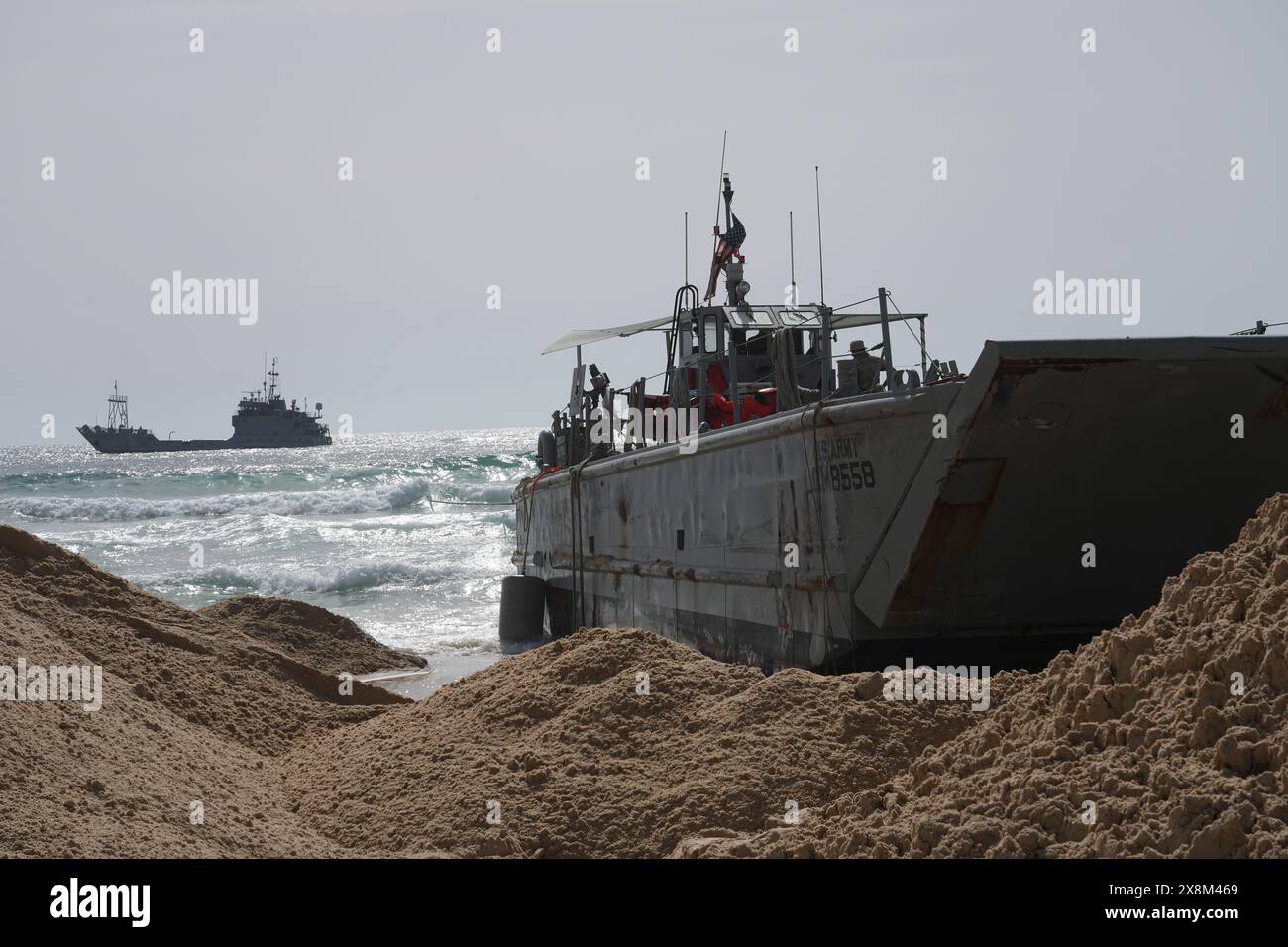 FILE - A U.S. Army landing craft is seen beached in Ashdod, May 26 ...
