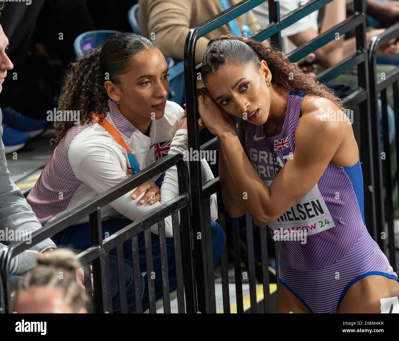 Laviai Nielsen of Great Britain talking to her twin sister Lina Nielsen ...