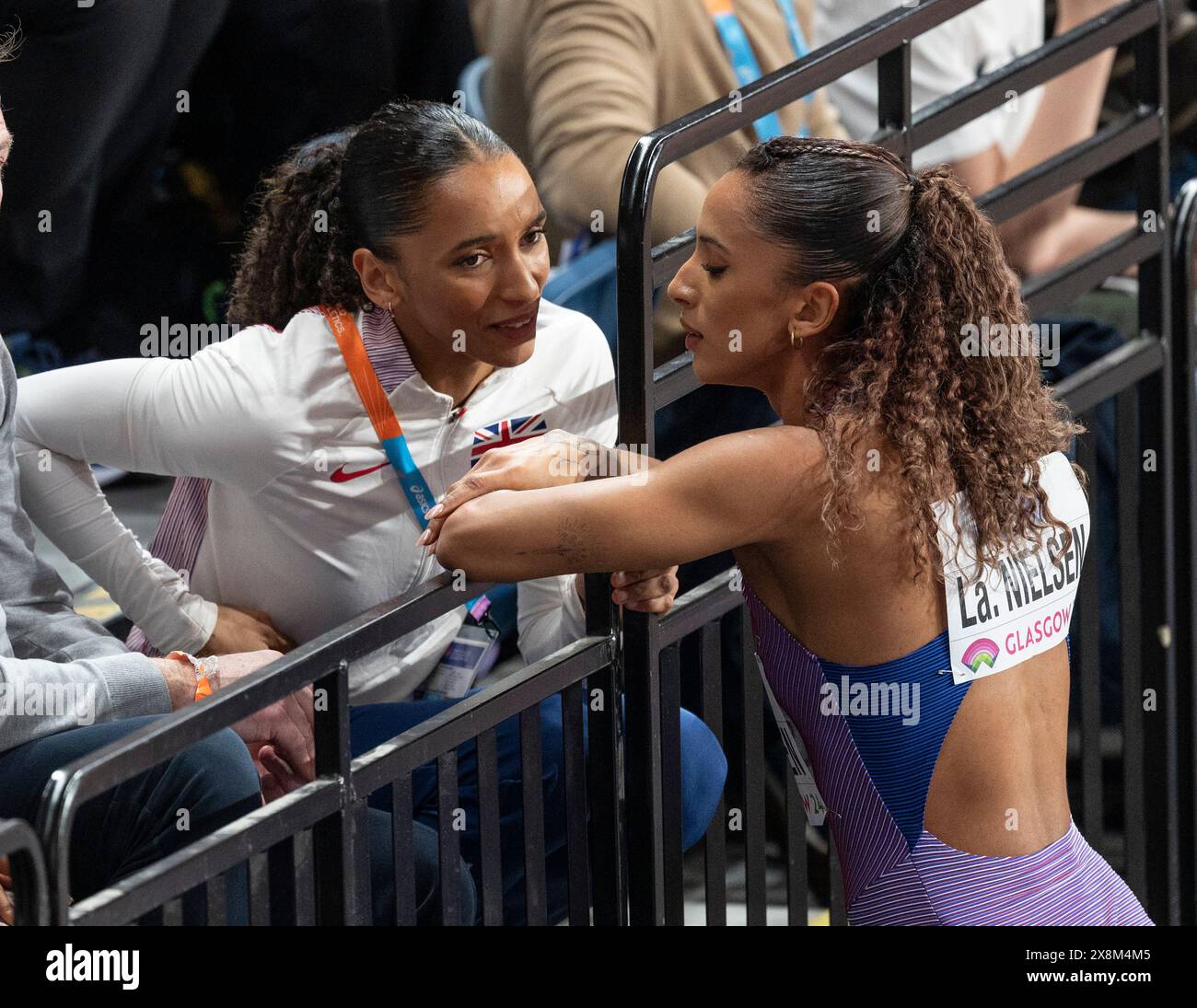 Laviai Nielsen of Great Britain talking to her twin sister Lina Nielsen ...