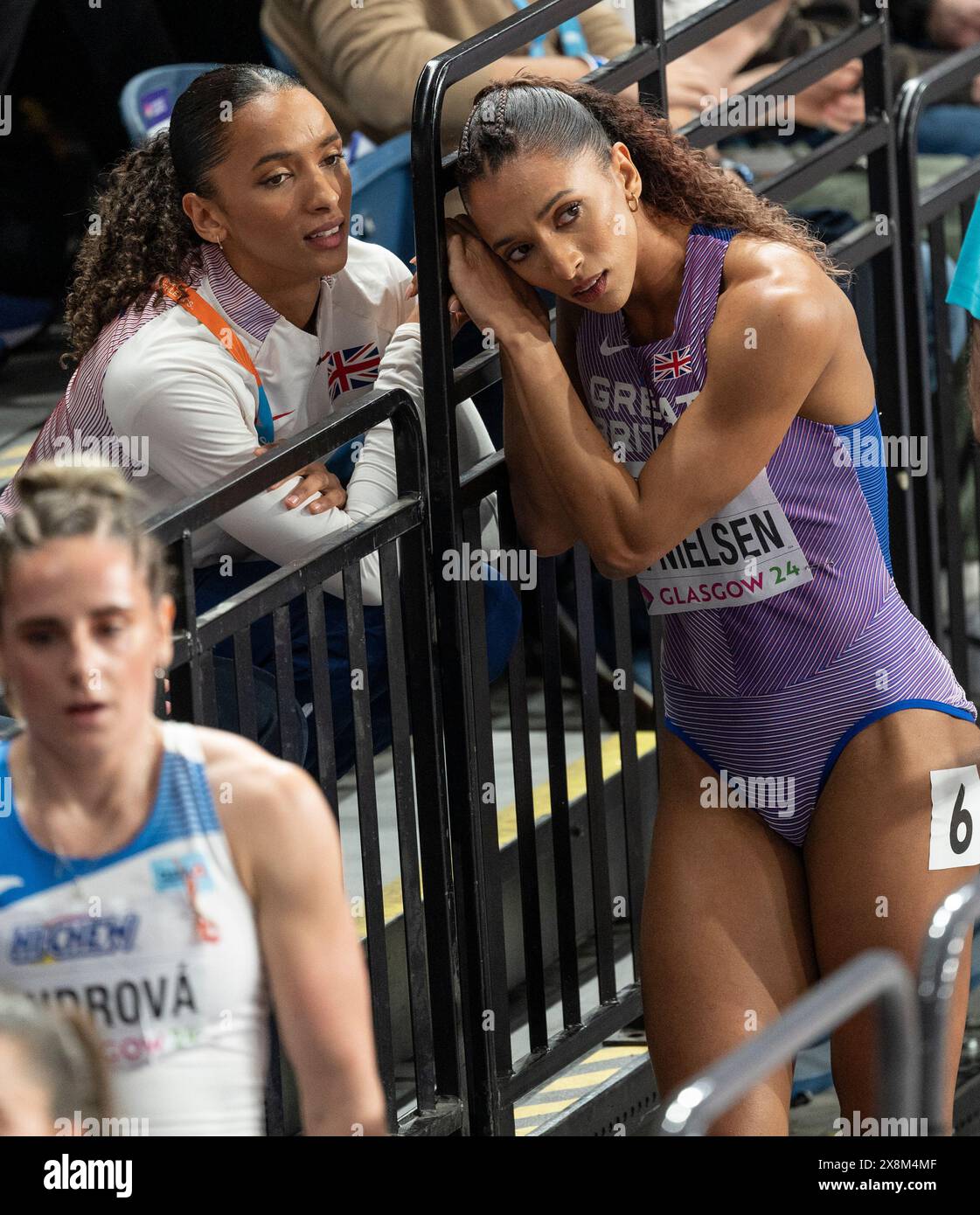 Laviai Nielsen of Great Britain talking to her twin sister Lina Nielsen ...