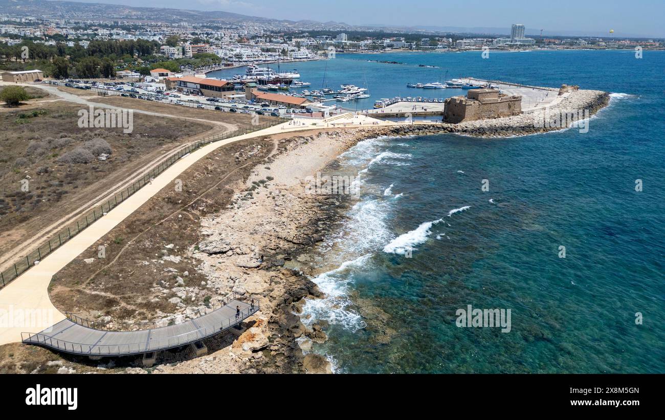 Aerial drone view of the coastal path and Paphos Fort, Paphos, Cyprus ...