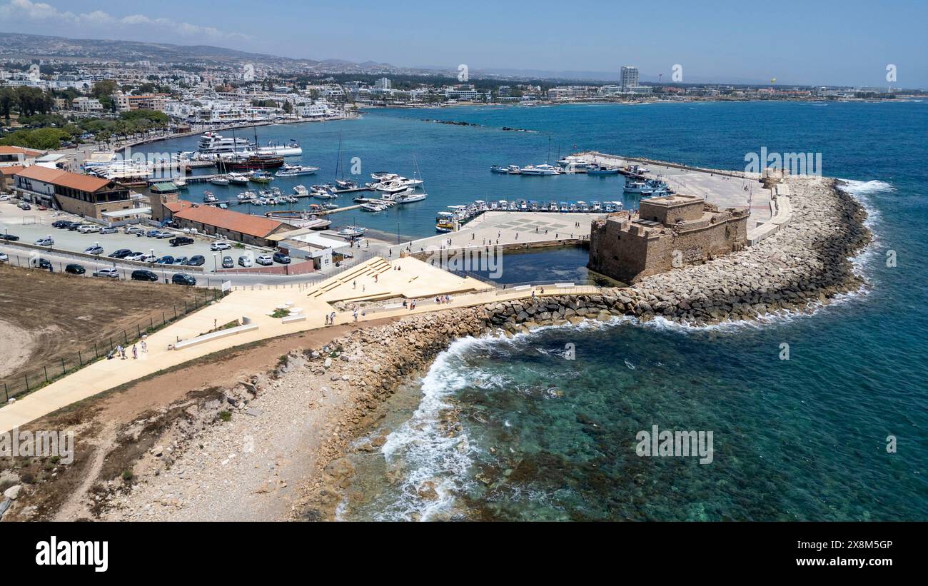 Aerial drone view of the coastal path and Paphos Fort, Paphos, Cyprus ...