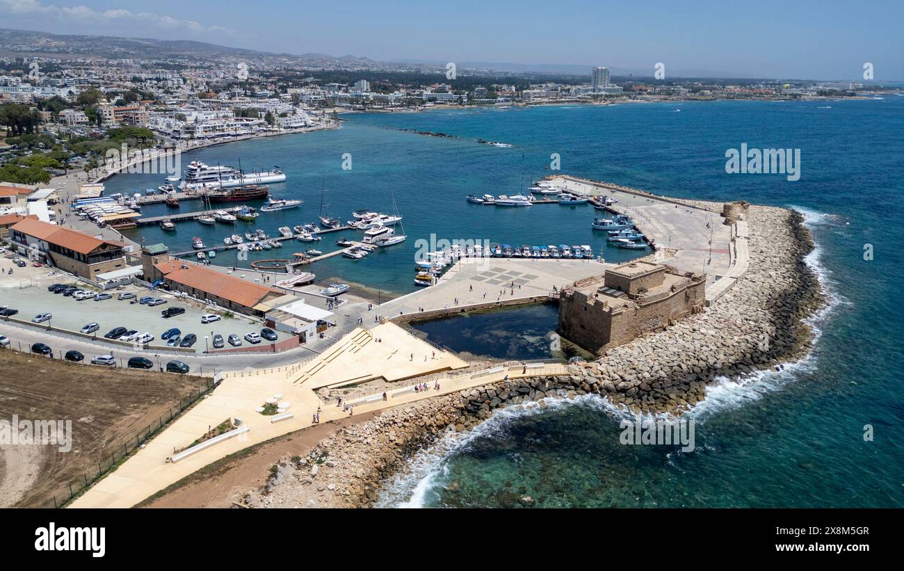 Aerial drone view of the coastal path and Paphos Fort, Paphos, Cyprus ...