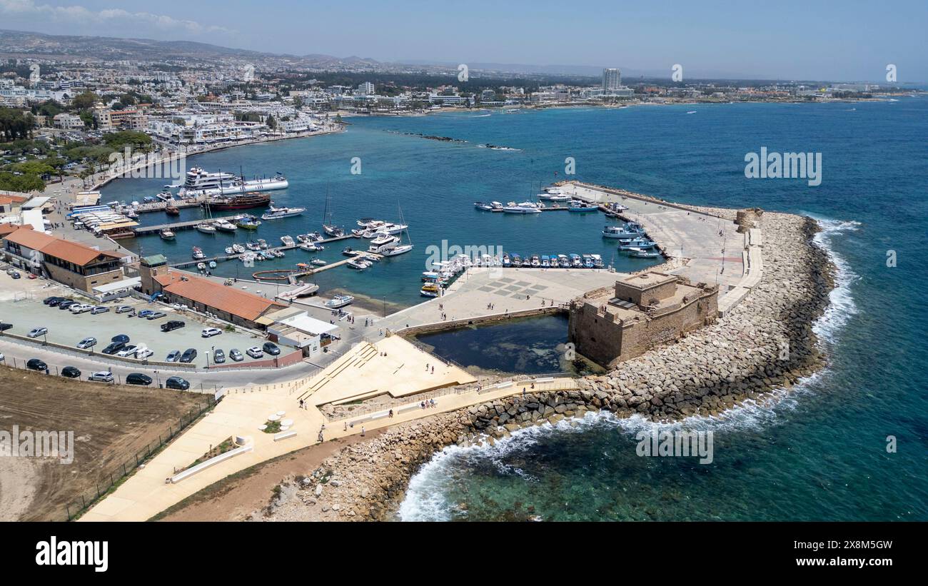 Aerial drone view of the coastal path and Paphos Fort, Paphos, Cyprus ...