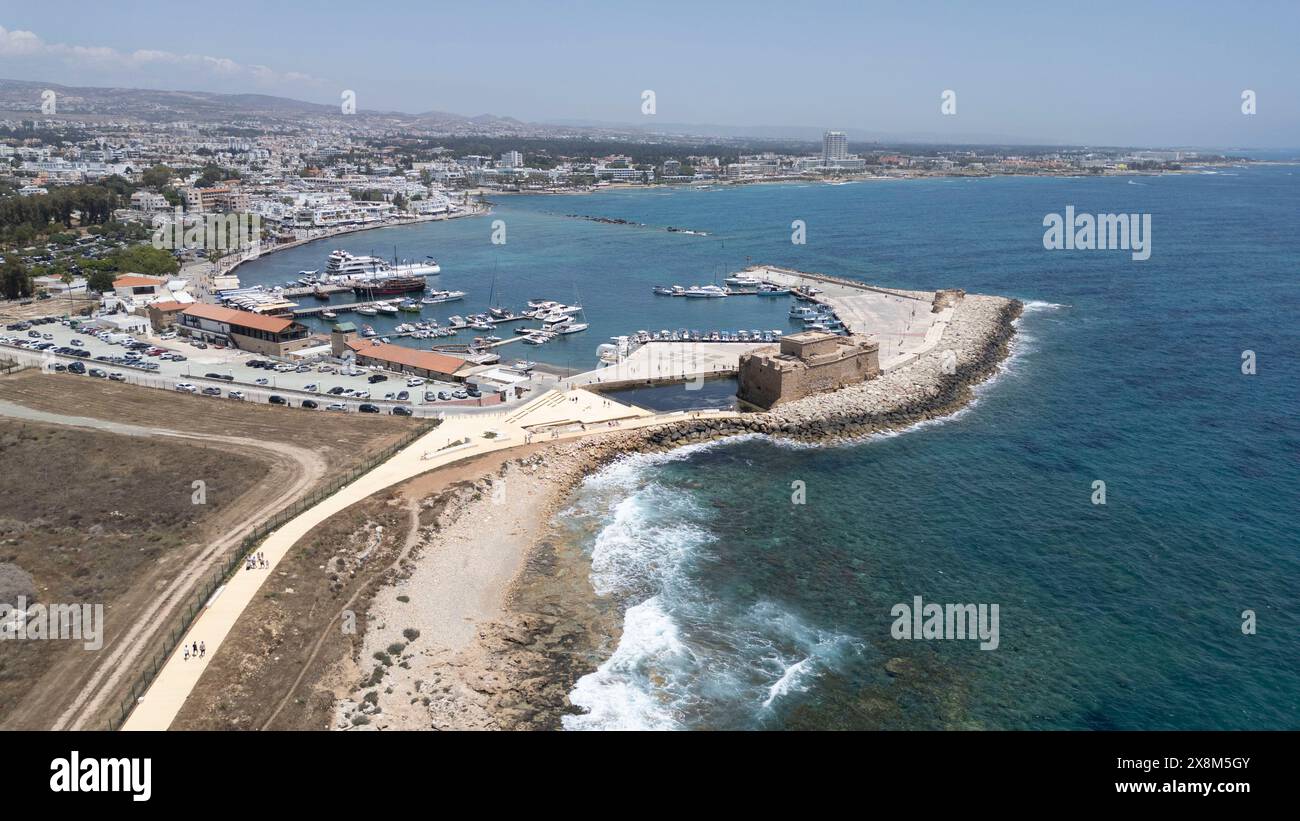 Aerial drone view of the coastal path and Paphos Fort, Paphos, Cyprus ...