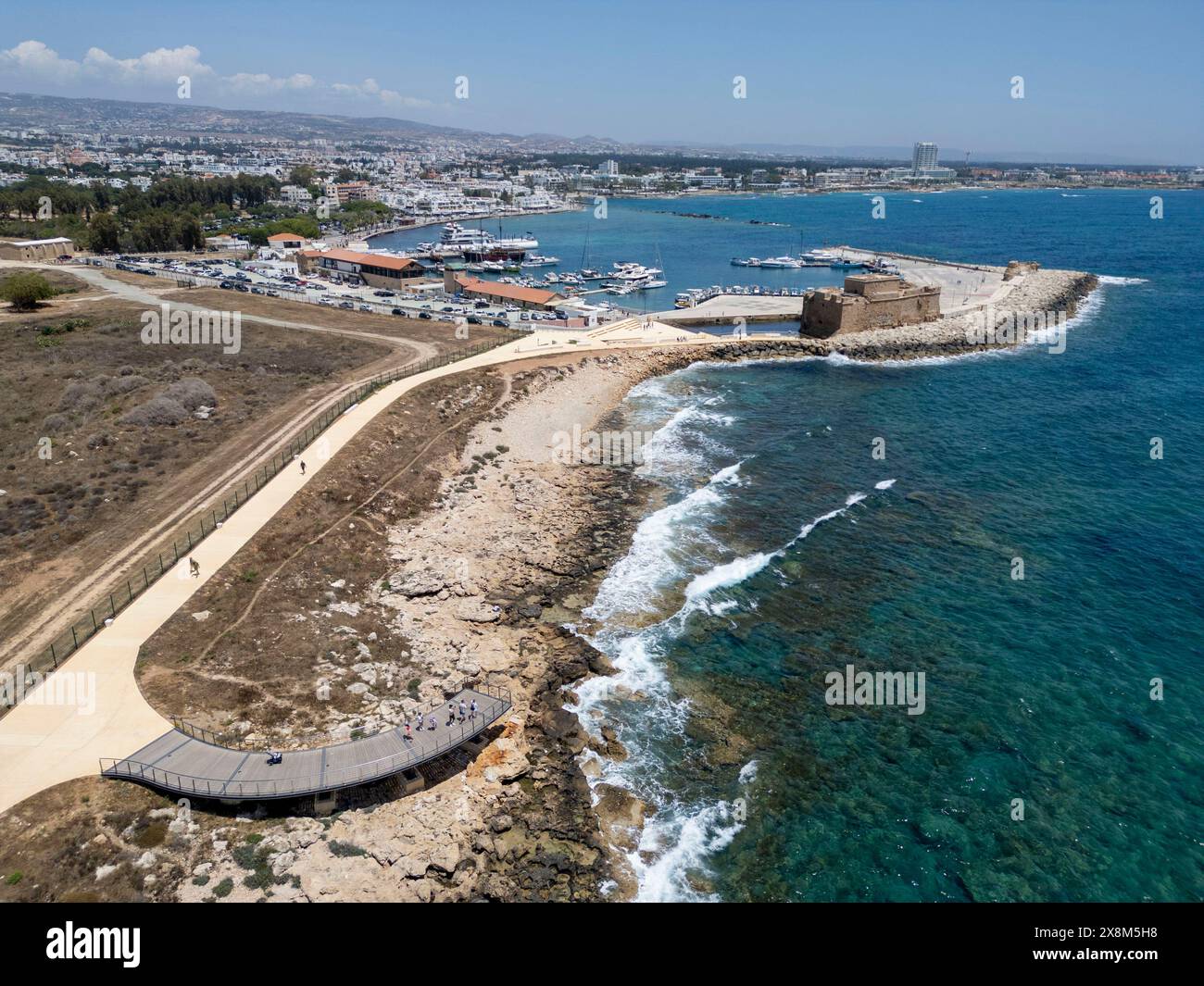 Aerial drone view of the coastal path and Paphos Fort, Paphos, Cyprus ...