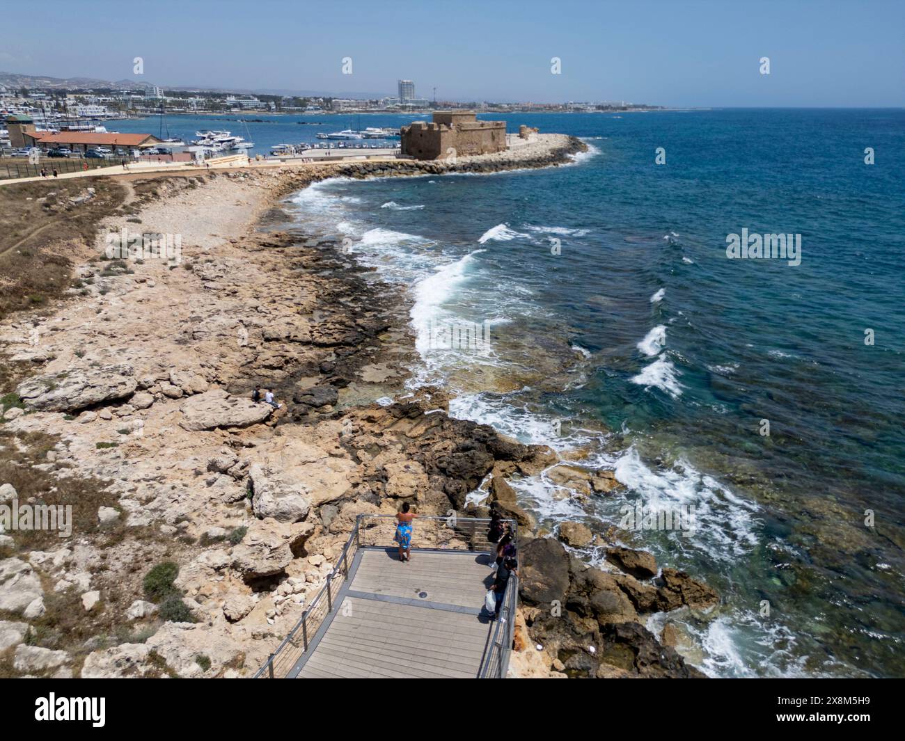 Aerial drone view of the coastal path and Paphos Fort, Paphos, Cyprus ...