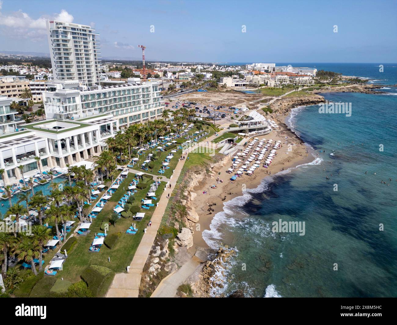 Aerial drone view of the Antasia Beach Club and Sodap beach, Paphos ...