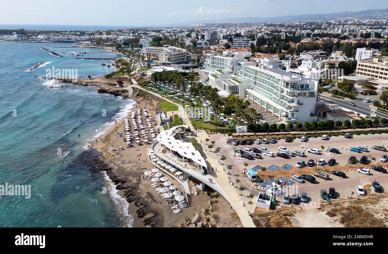 Aerial drone view of the Antasia Beach Club and Sodap beach, Paphos ...