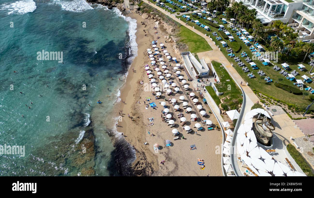 Aerial drone view of the Antasia Beach Club and Sodap beach, Paphos ...