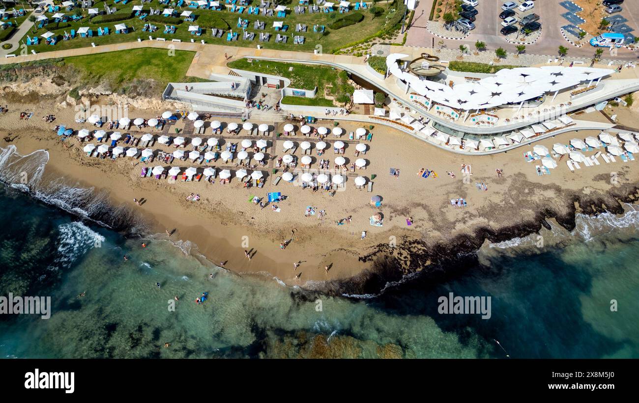 Aerial drone view of the Antasia Beach Club and Sodap beach, Paphos ...