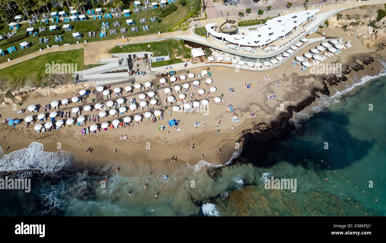 Aerial drone view of the Antasia Beach Club and Sodap beach, Paphos ...