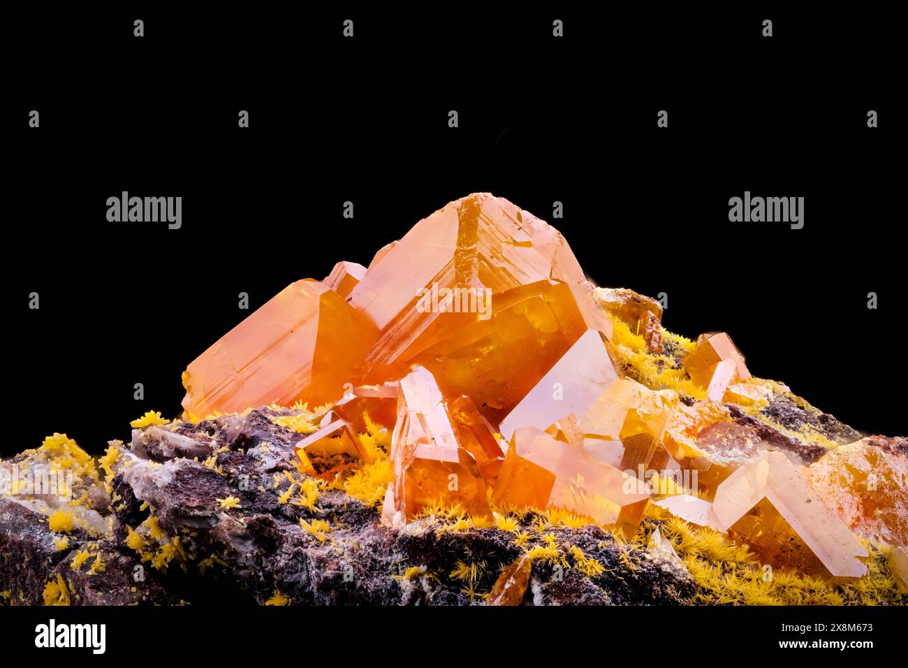 orange Wulfenite with yellow mimetite macro photography. From red cloud ...