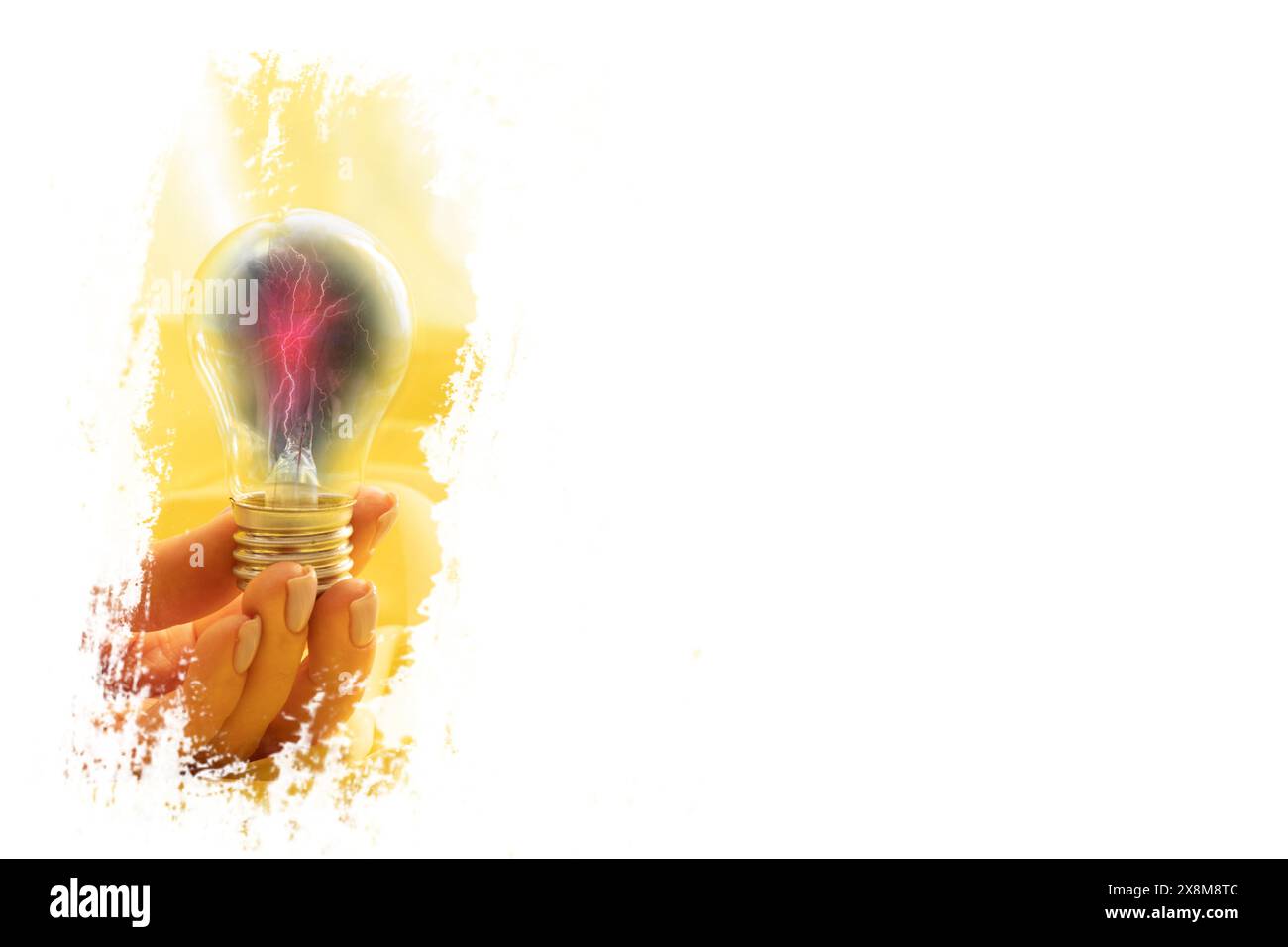 A woman's hand holds an incandescent lamp and lightning bolts in a lamp ...