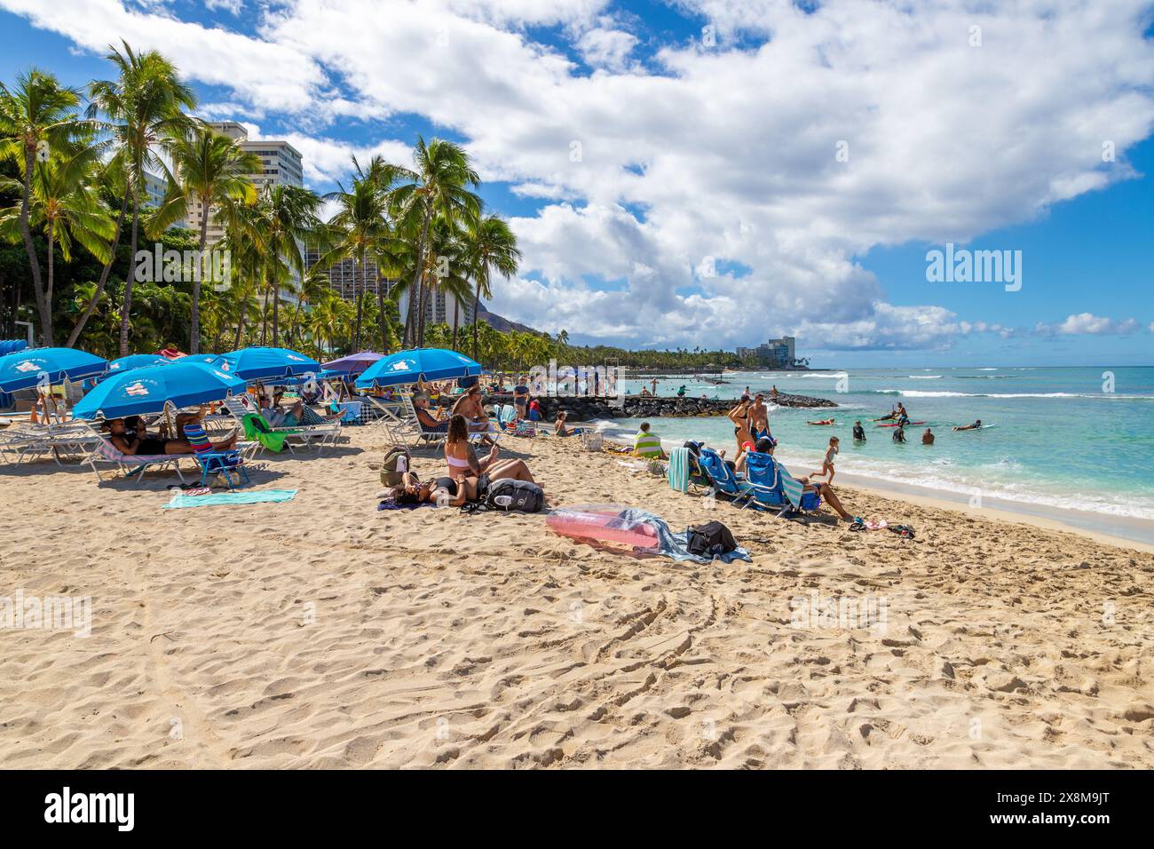 HONOLULU, HAWAII, USA - AUG. 20 2023: Crowded Waikiki Beach in Honolulu ...