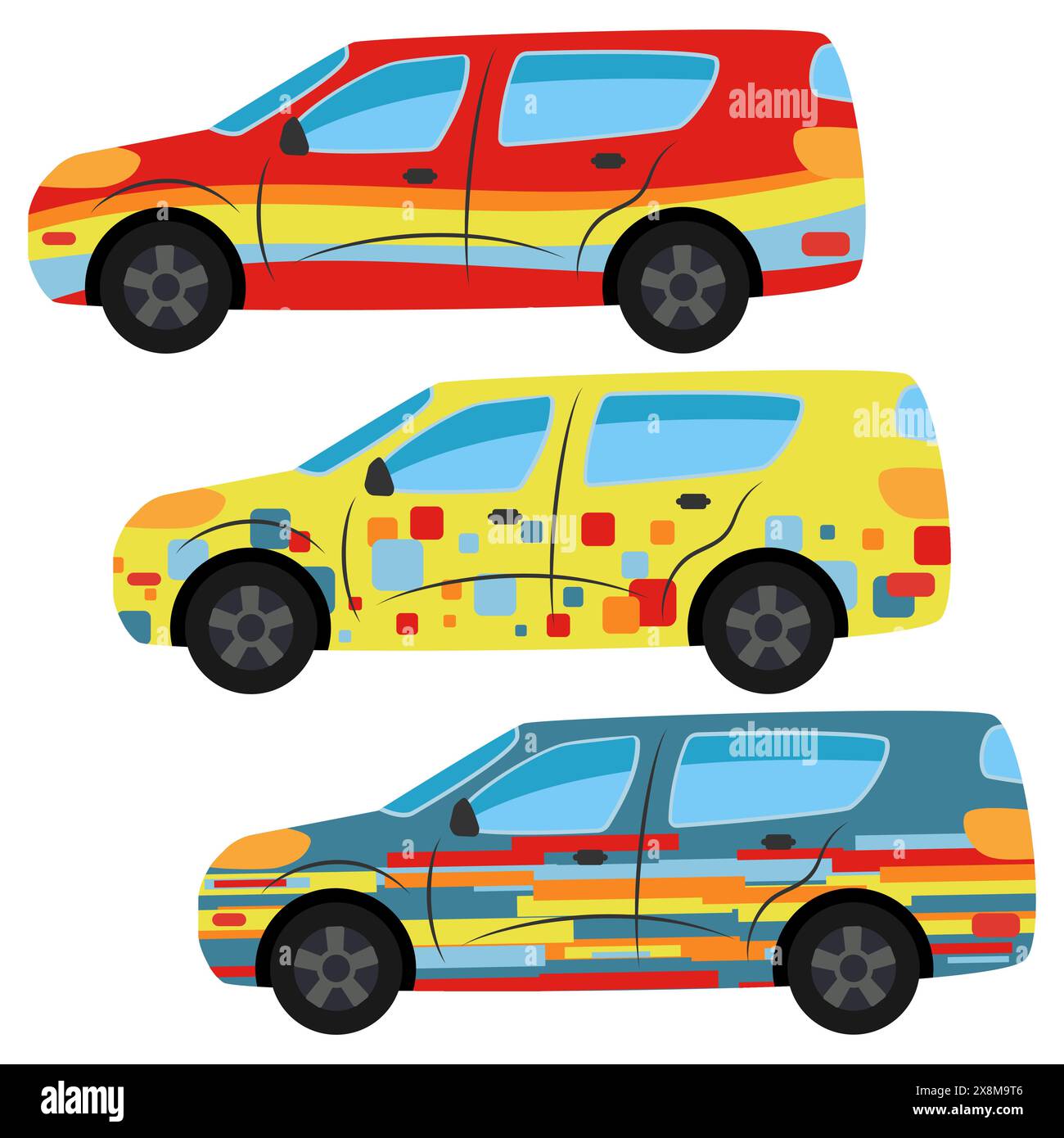 A set of three cars painted in different colors. Vector illustration ...