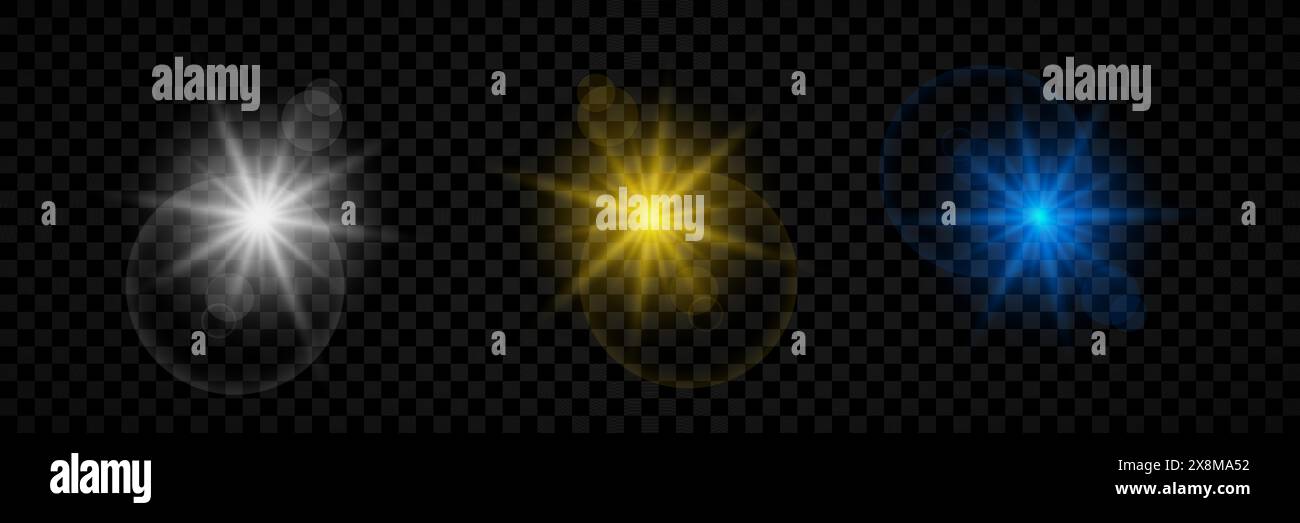 Light effect of lens flares. Set of three white, yellow and blue glowing lights starburst ...