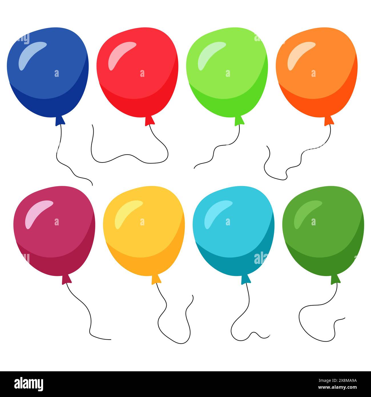 Set of eight colorful balloons with a string isolated on white ...