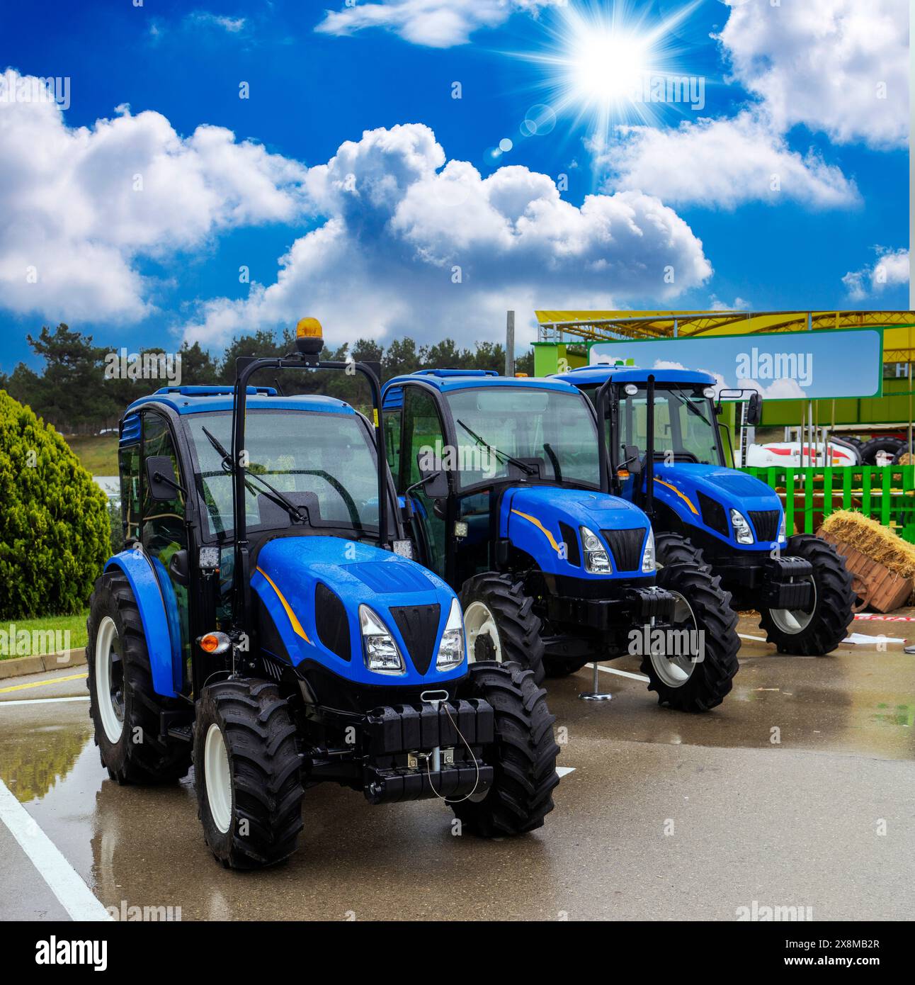 The new blue agricultural tractors of various models stand in a row at ...