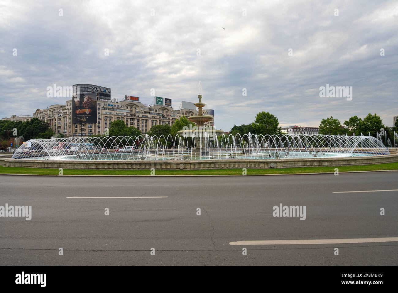 Bucharest, Romania. May 23, 2024. view of the fountains in the Unirii ...