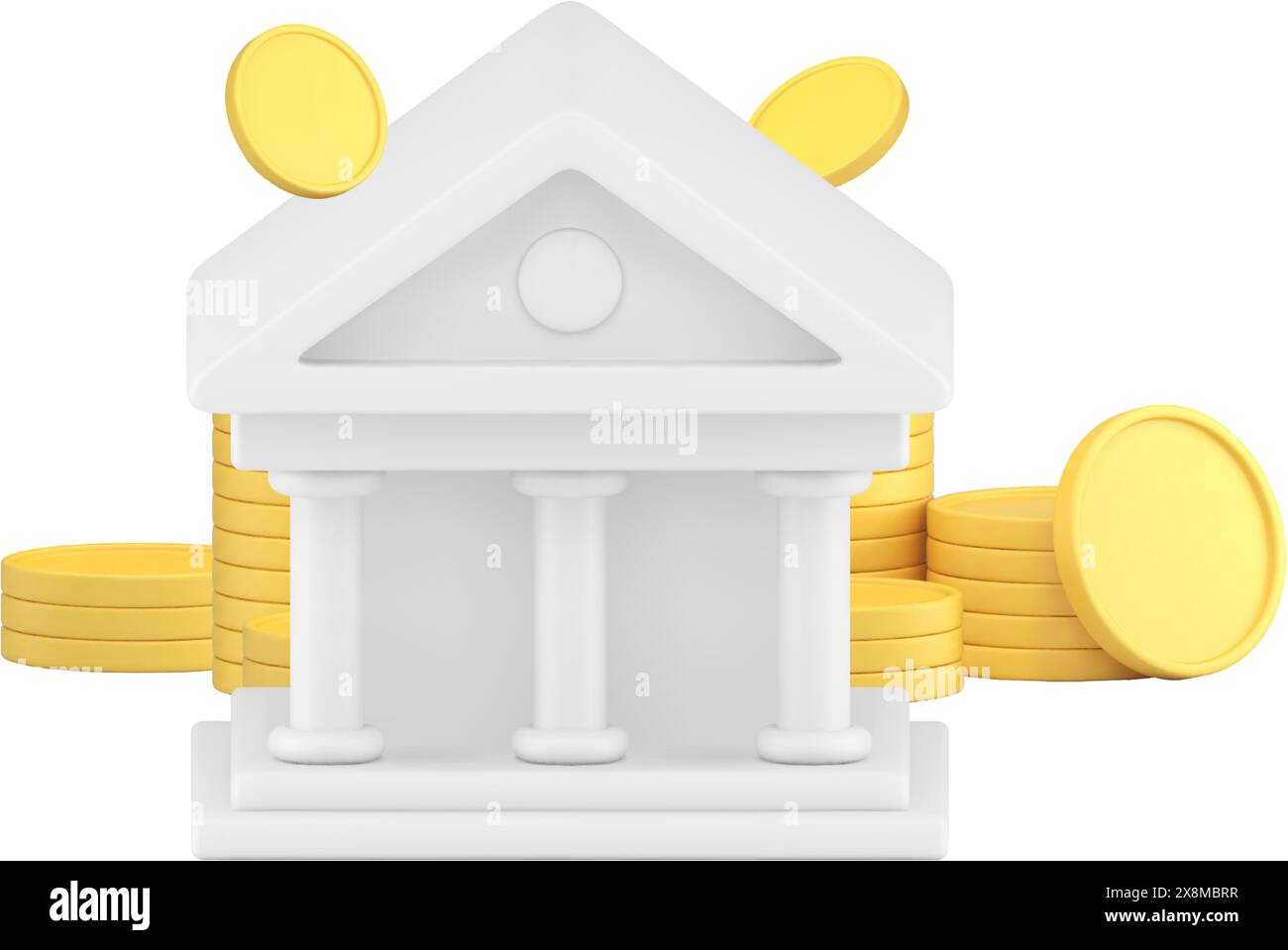 Bank building with retro column and golden cash coin money 3d icon ...