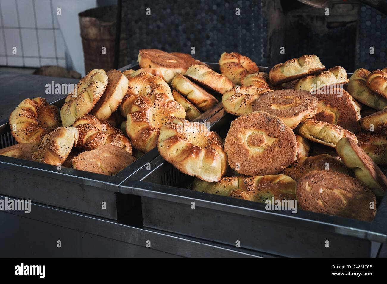 traditional Asian flatbread on the counter in the bakery. Traditional ...