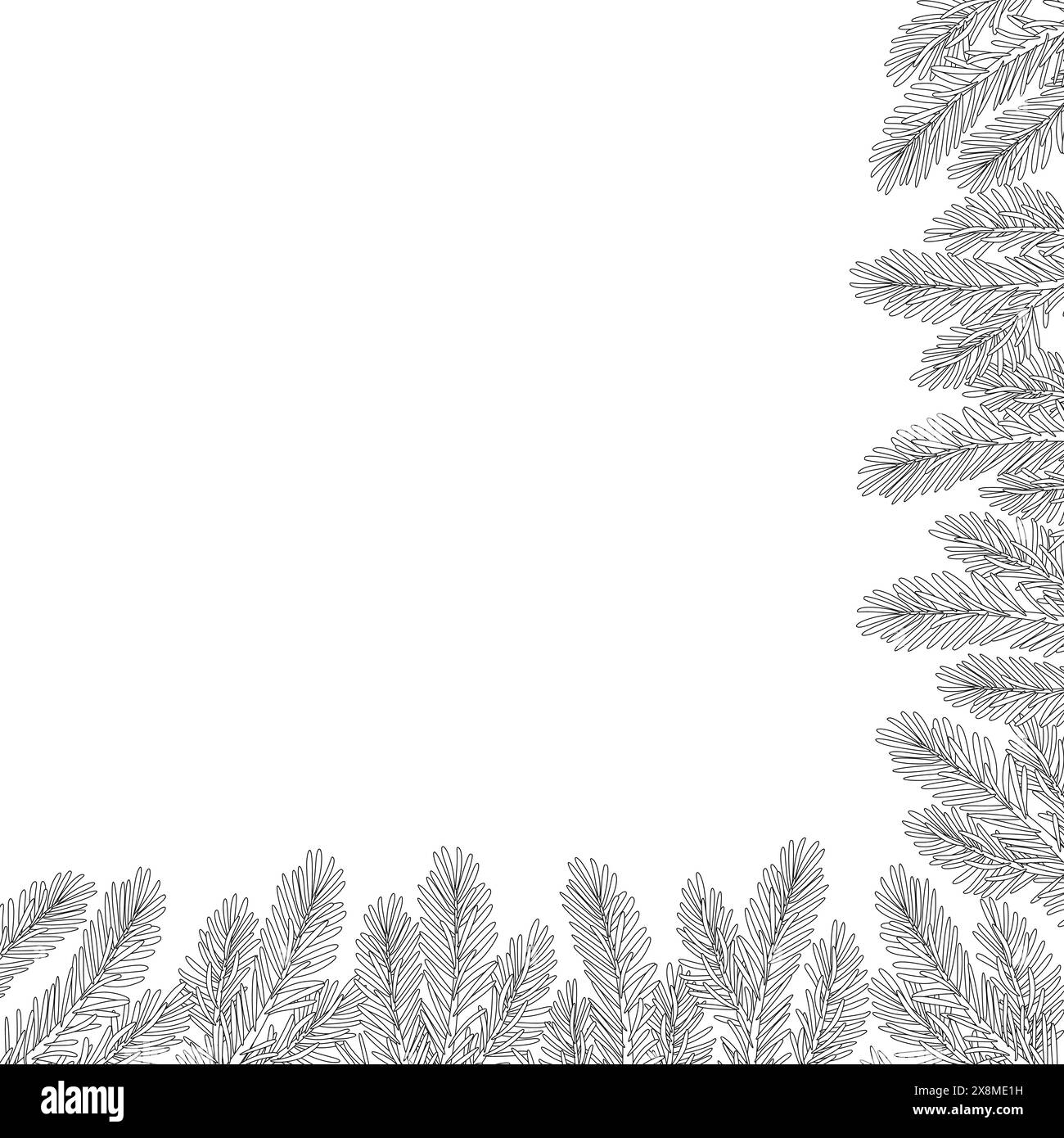 Christmas tree corner frame decoration. Fir tree branches line art ...