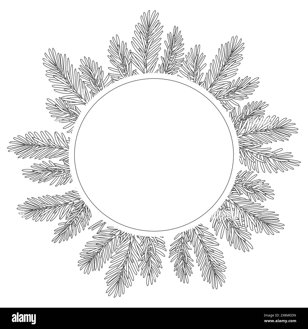 Christmas tree round frame line art for greeting card congratulations ...
