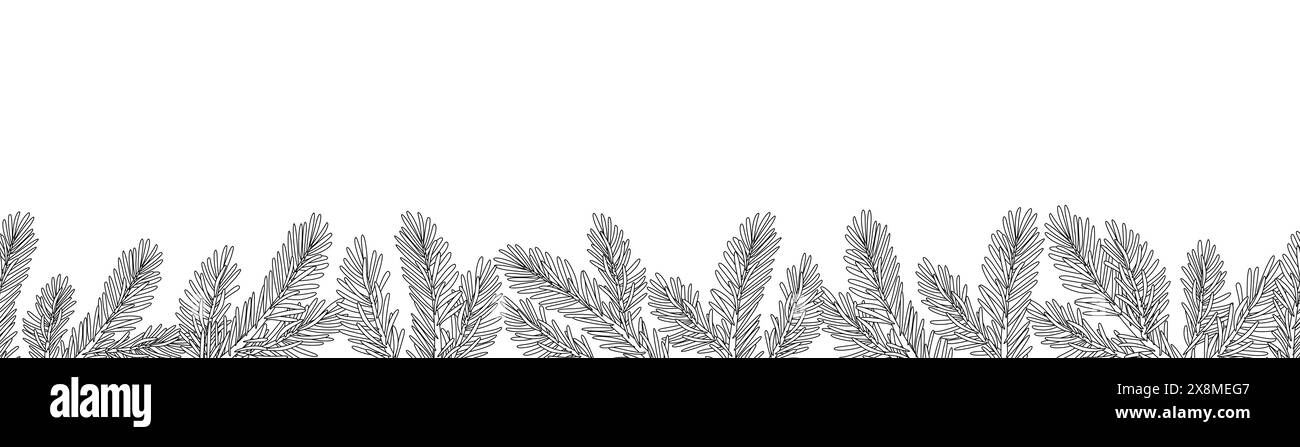Pine tree branches seamless border line art isolated on white, spruce ...